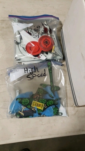 1 BOX LOT- WILLIAMS HIGH SPEED PINBALL PLASTICS, WIRE FORMS, ETC.