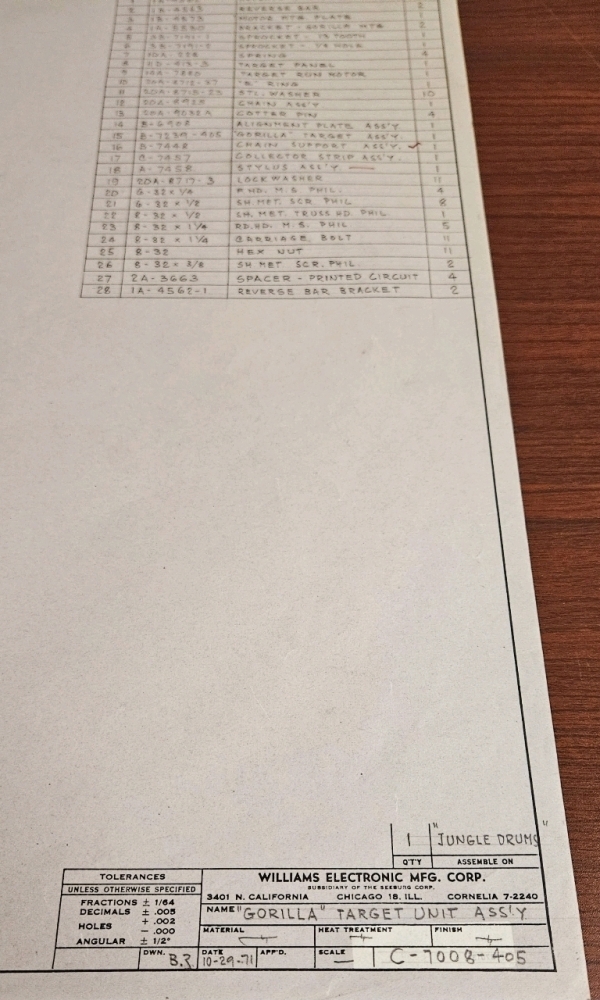 WILLIAMS ELECTRONICS MFG. BLUEPRINT DRAWING 1971 GORILLA JUNGLE DRUMS