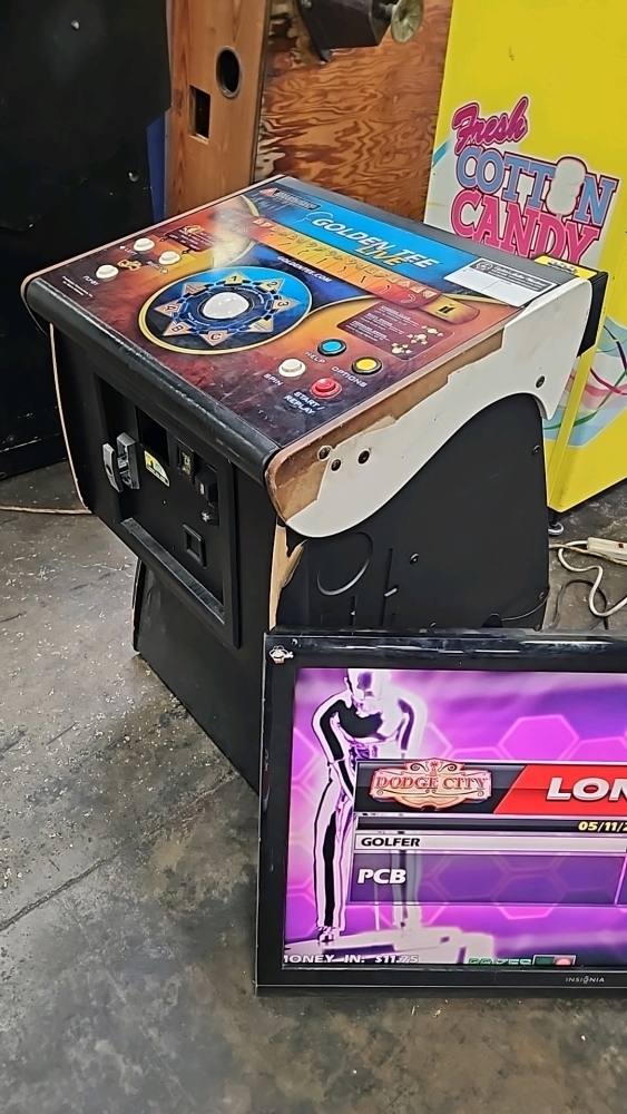 GOLDEN TEE GOLF PEDESTAL CABINET AND WORKING LCD MONITOR
