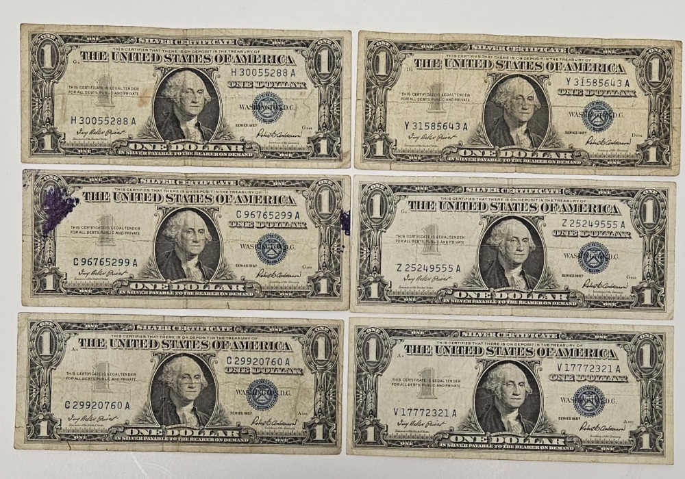 1957 $1 One Dollar Silver Certificates in circulated condition LOT OF 6
