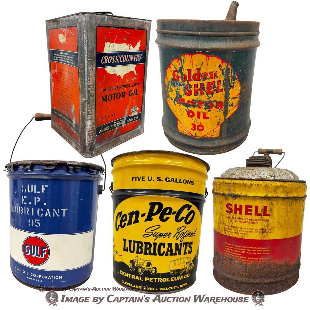 (5) 1930-1960s GAS & OIL CANS-CROSS COUNTRY, SHELL, GULF, & CEN‑PE‑CO