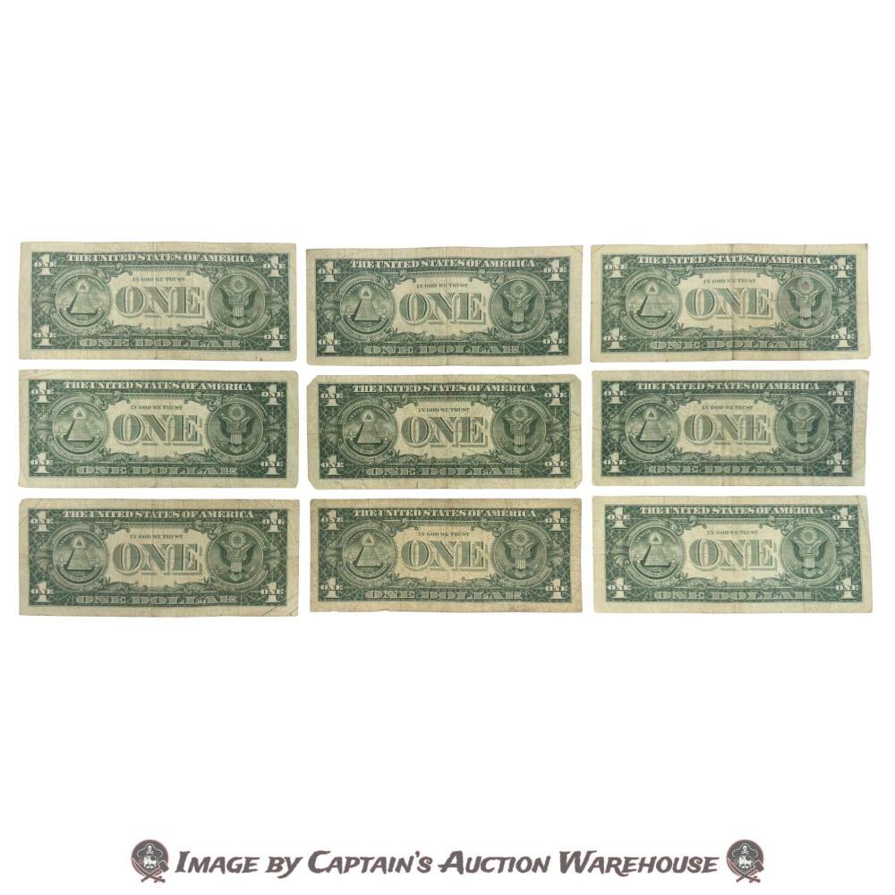 LOT OF 9 SILVER CERTIFICATE BLUE STAMPED $1 BILLS